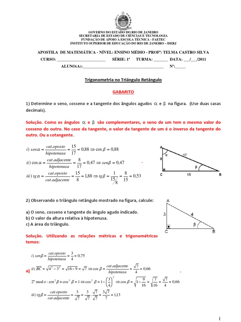 Exercicios - Trigonometria no triangulo retangulo - Gabarito ...