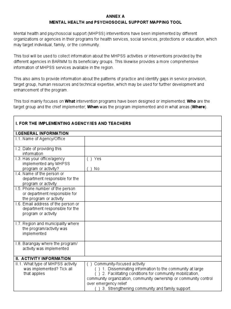 MENTAL HEALTH and PSYCHOSOCIAL SUPPORT MAPPING TOOL FINAL COPY 1 | PDF ...