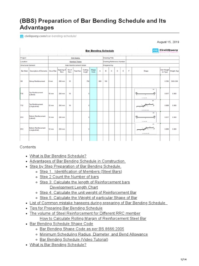 BBS Preparation of Bar Bending Schedule and Its Advantages | PDF ...