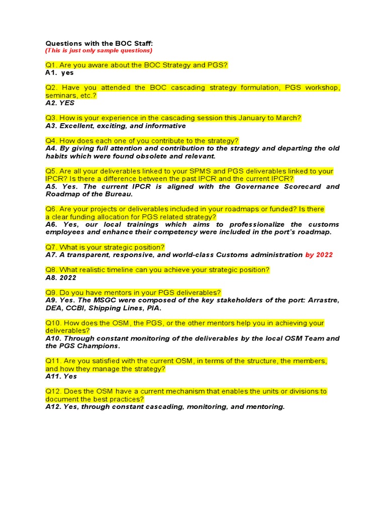 Questions With The BOC Staff:: (This Is Just Only Sample Questions ...