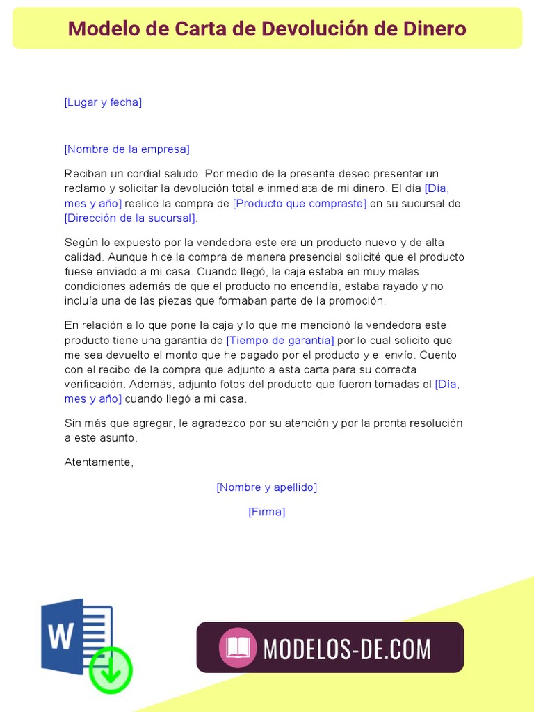 Modelo de Carta de Devolución de Dinero | PDF
