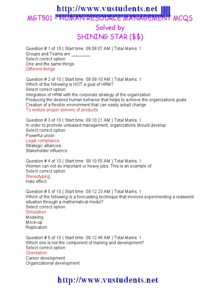 Mgt501 - Human Resource Management Mcqs Solved by Shining Star ($$) | PDF | Performance ...