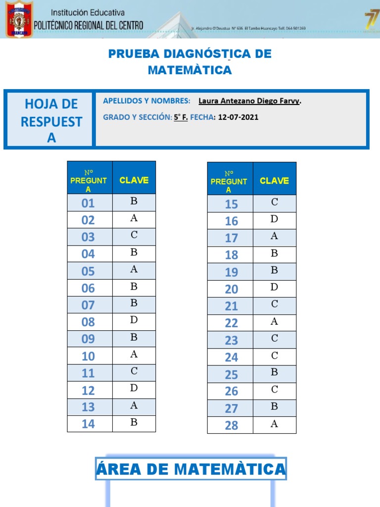 Hoja de Respuesta Prueba Diagnóstica de Matemàtica | PDF
