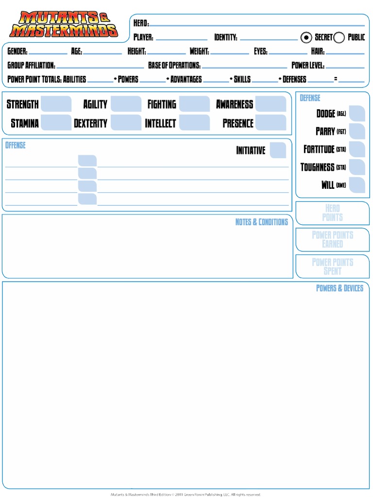 M&M Editable Character Sheet Generic | PDF