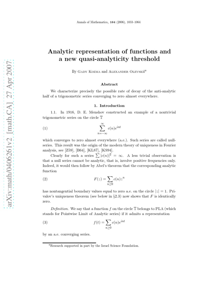 Analytic Representation of Functions and A New Quasi-Analyticity Threshold | PDF | Fourier ...