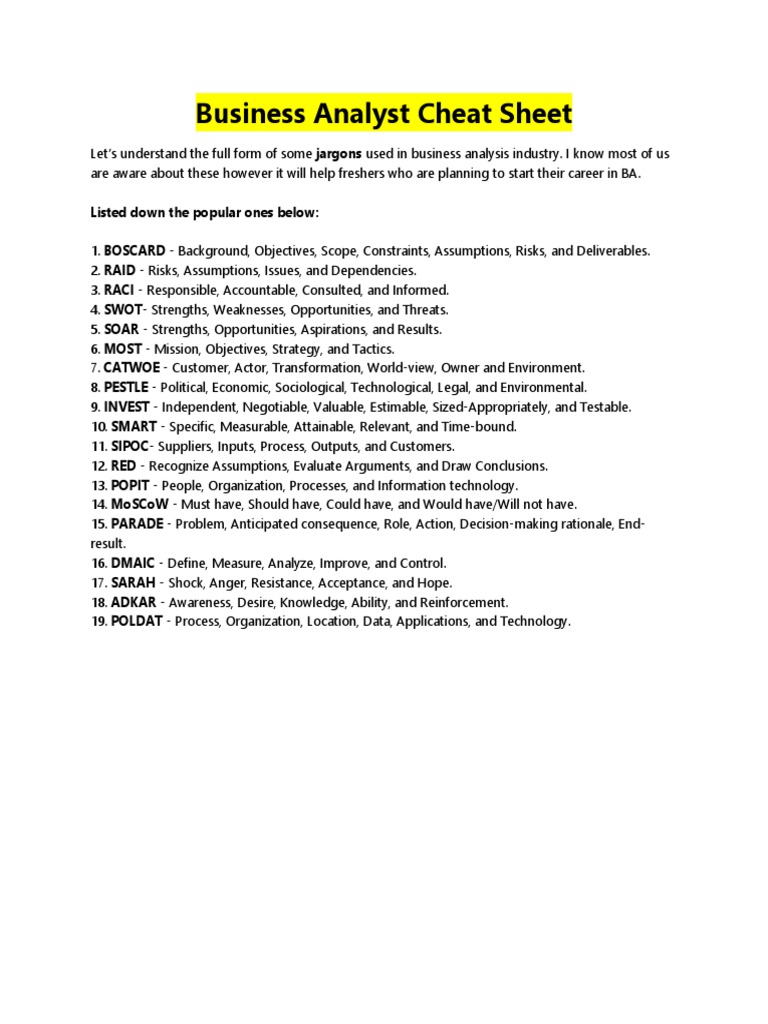 Business Analyst Cheat Sheet | PDF