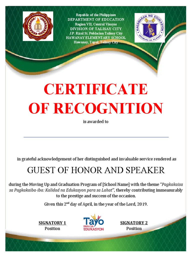 Certificate of Recognition For Guest of Honor and Speaker Template 5 | PDF