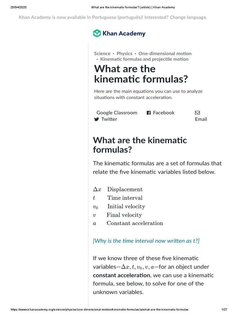 What Are The Kinematic Formulas - (Article) - Khan Academy | PDF | Area ...