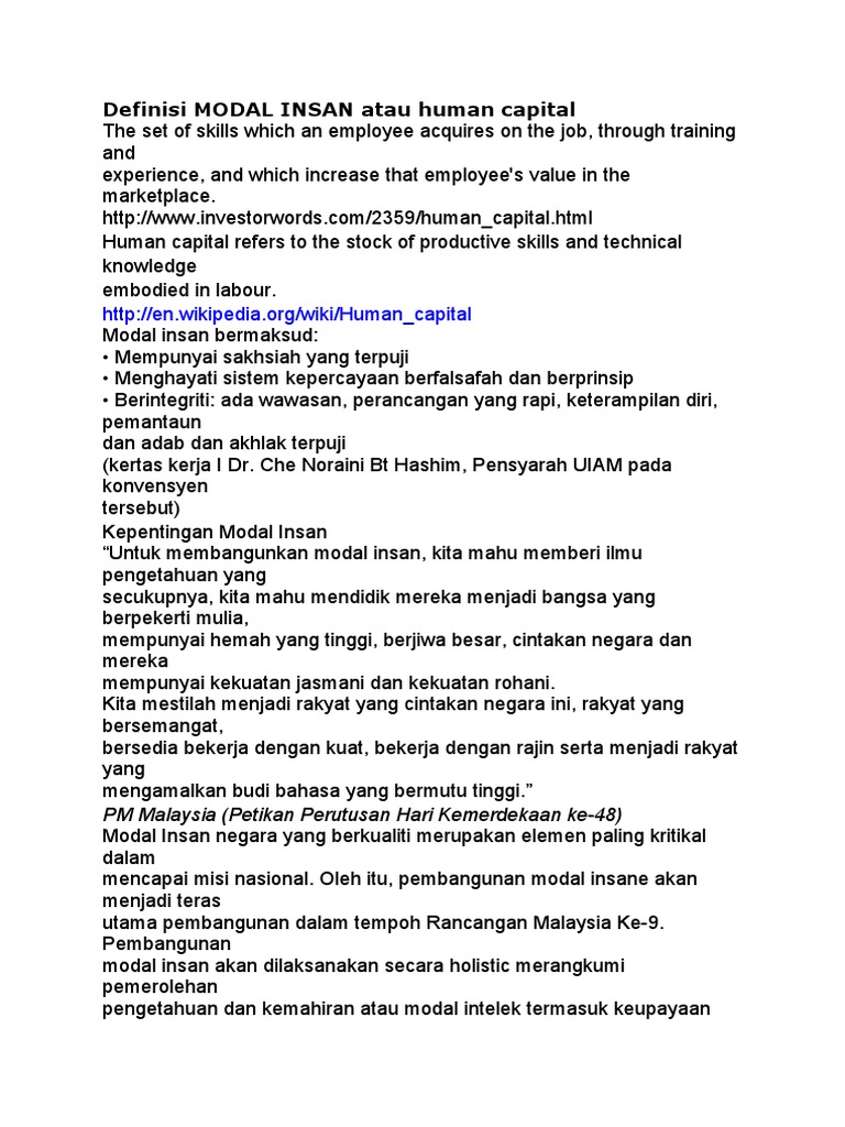 Definisi MODAL INSAN Atau Human Capital | PDF