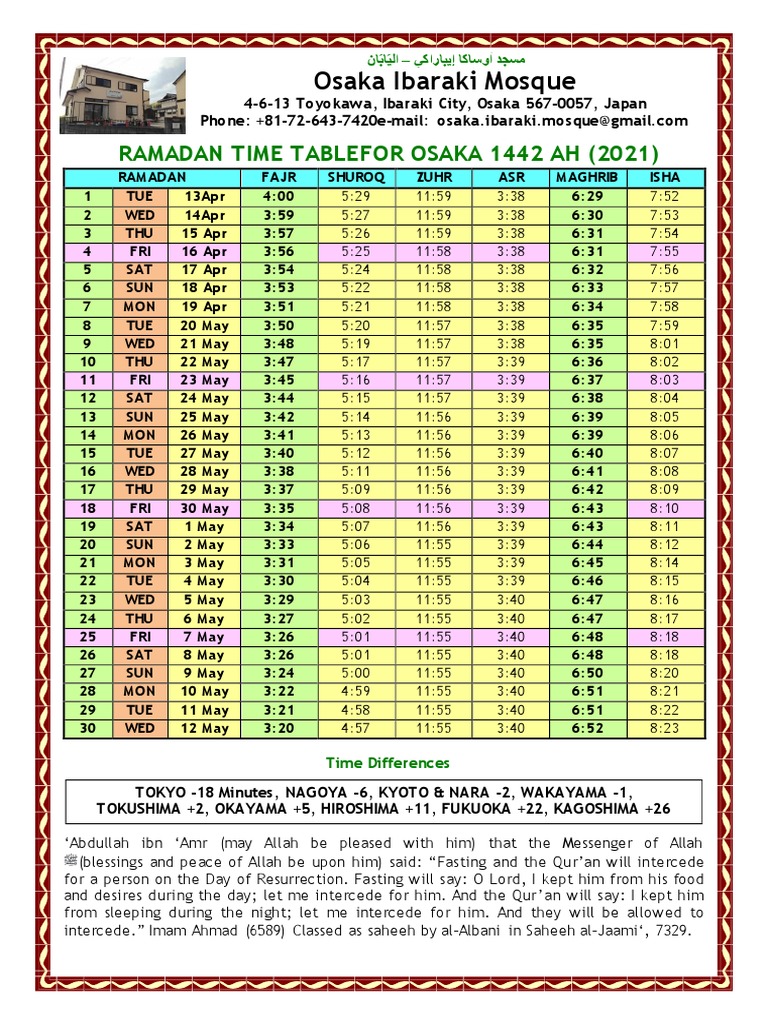 Ramadan Prayer Timetable Osaka 2021 | PDF | Semitic Words And Phrases ...