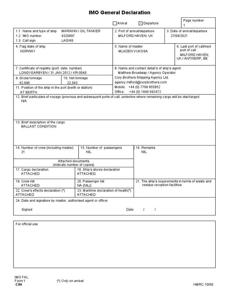 IMO General Declaration | PDF | Port | Tonnage