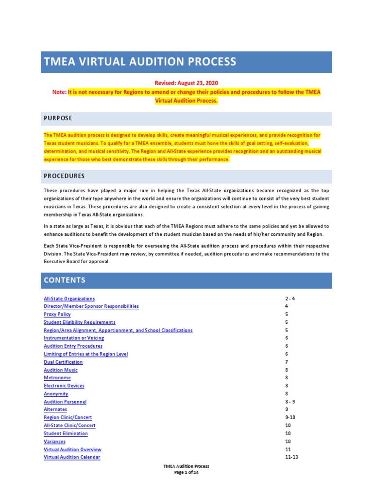 TMEA Virtual Audition Policies and Procedures 2020 2021v2 | PDF ... TMEA Virtual Audition Policies and Procedures 2020 2021v2 | PDF ...