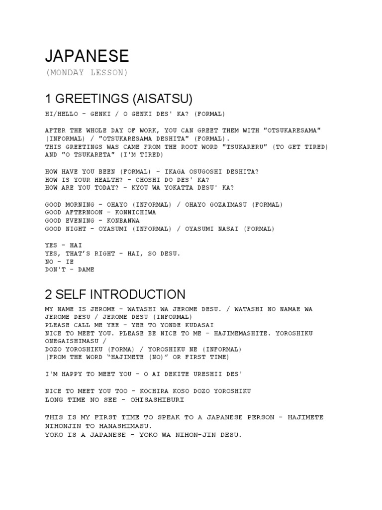 Japanese: 1 Greetings (Aisatsu) | PDF | Lexicology | Syntax