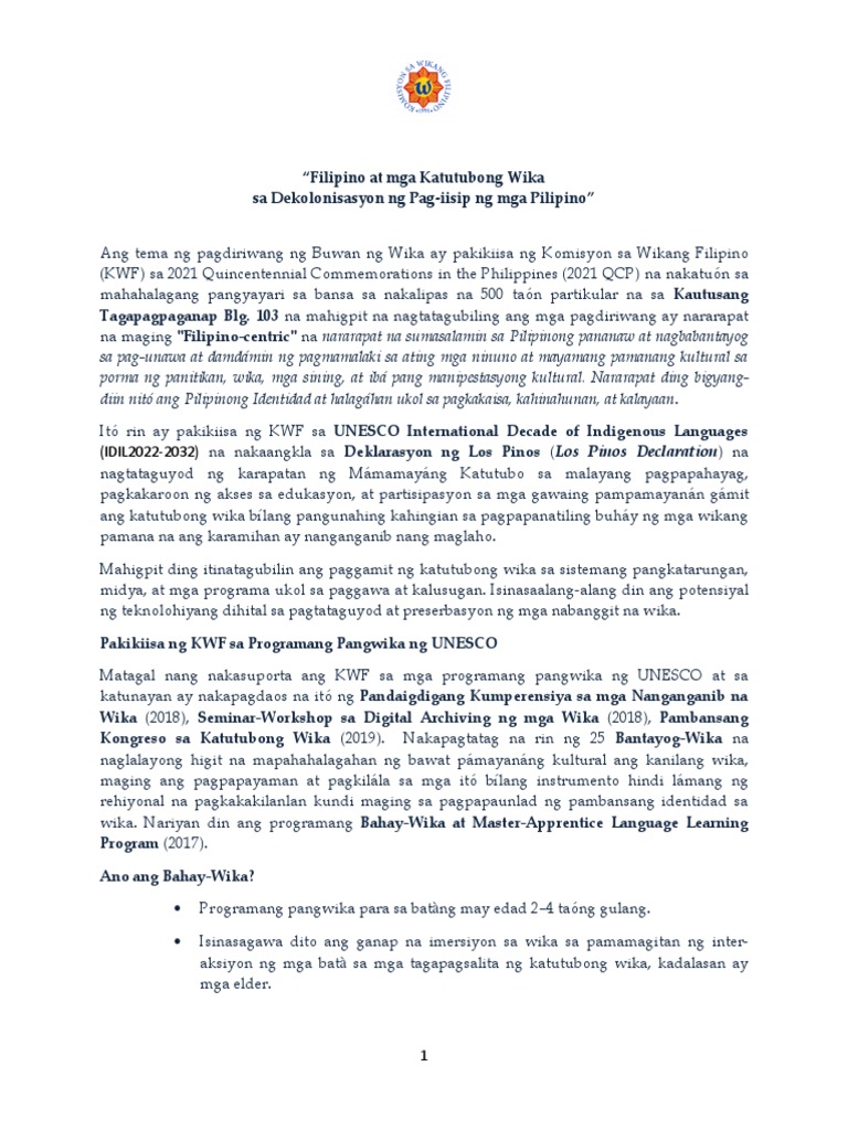 Paliwanag Sa Tema NG Buwan NG Wika | PDF