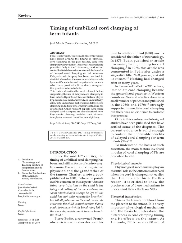 Timing of Umbilical Cord Clamping of Term Infants: Review | PDF ...