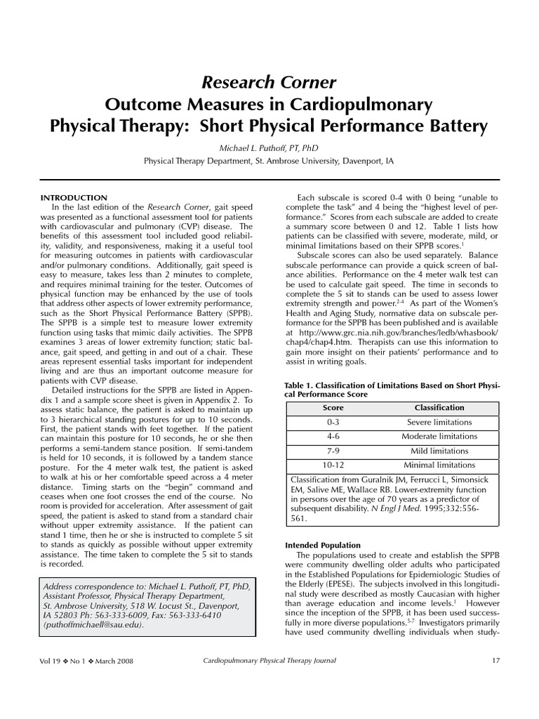 SPPB Short Physical Performance SCORE | PDF | Balance (Ability) | Medicine