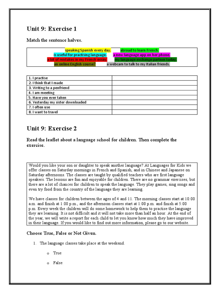 Unit 9: Exercise 1: Match The Sentence Halves | PDF | Quiz | Adolescence