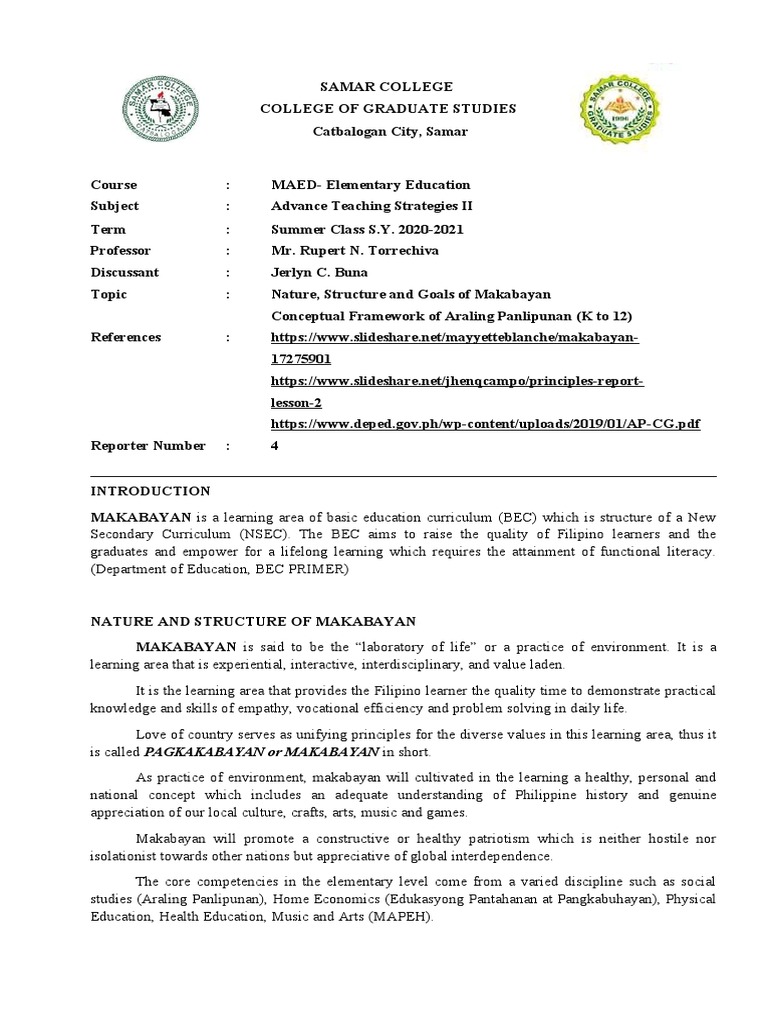Nature and Structure of Makabayan | PDF | Learning | Curriculum