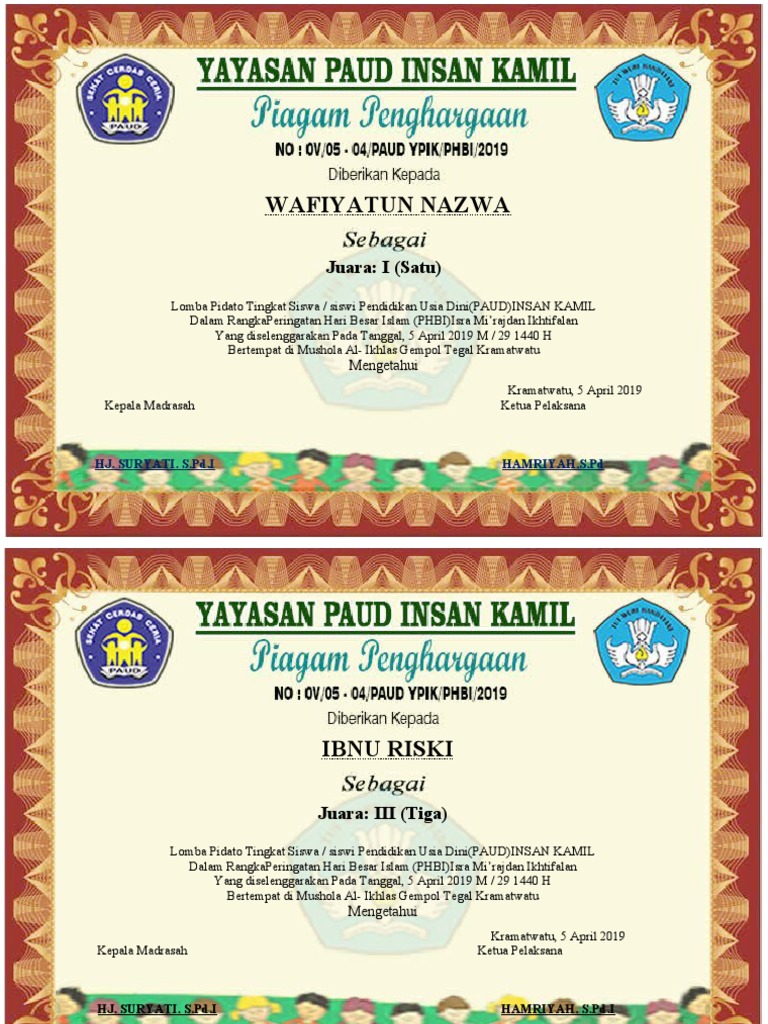 Piagam Paud Gempol | PDF