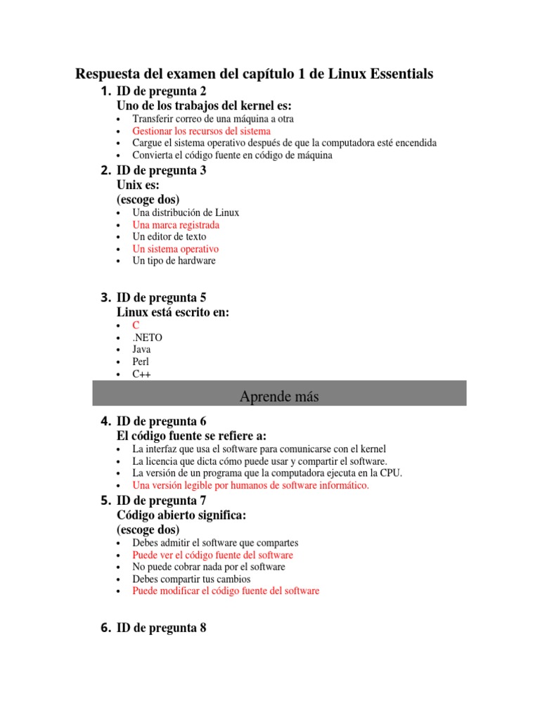 Respuesta Del Examen Del Capítulo 1 de Linux Essentials: Aprende Más | PDF | Distribución de ...