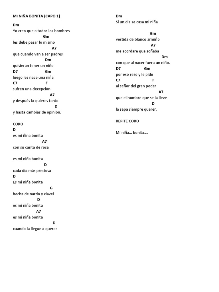 Acordes y letra de "Mi Niña Bonita" | PDF