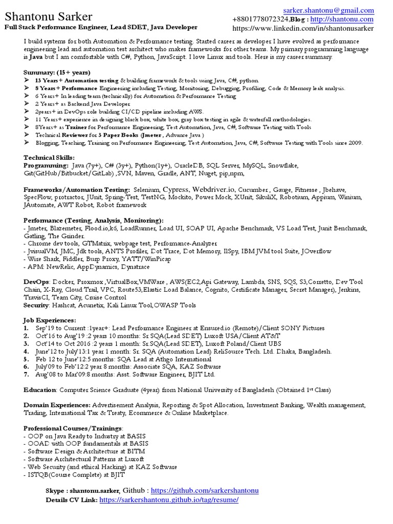Resume Shantanu Sarker SDET 15Y | PDF | Software Engineering | Computing