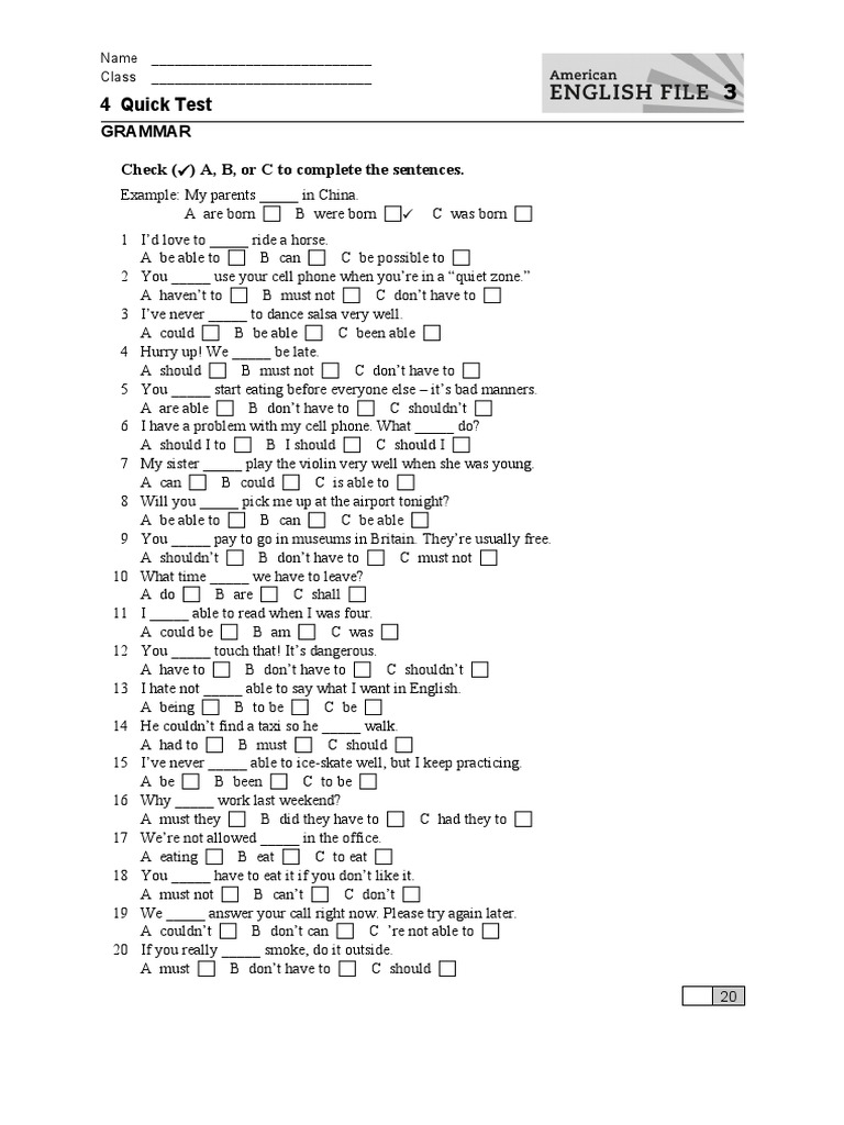 4 Quick Test: Grammar Check ( ) A, B, or C To Complete The Sentences ...