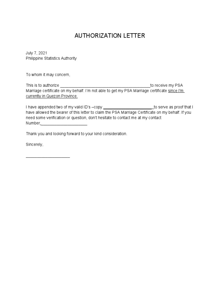 Marriage Certificate Authorization Letter | PDF