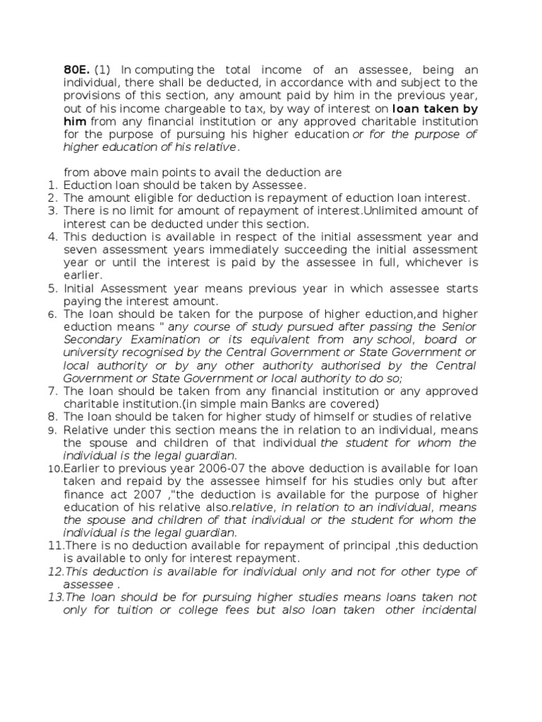 Deduction for Interest on Education Loan under Section 80E | PDF | Tax ...