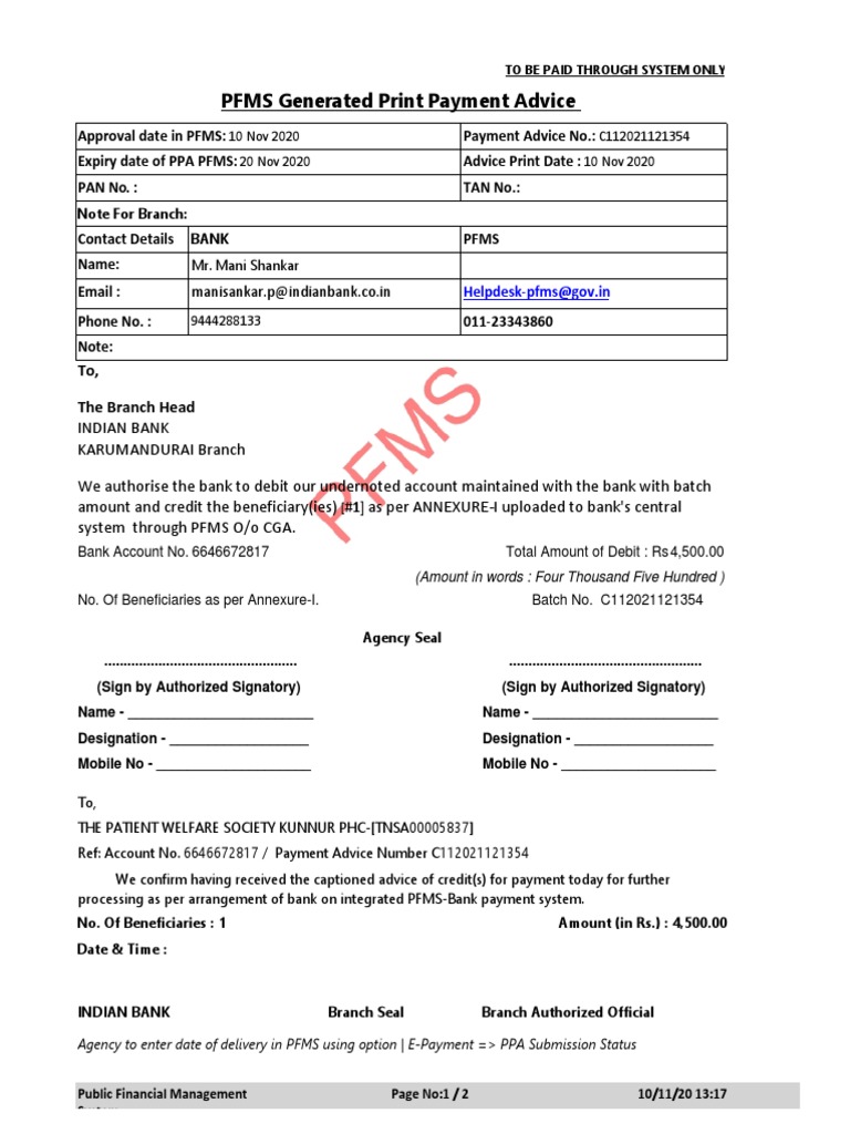 PFMS Generated Print Payment Advice | PDF | Payments | Banks