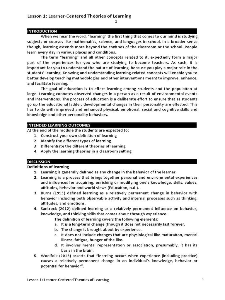 Facilitating Learner Centered Teaching Lesson 1 | PDF | Learning Theory ...