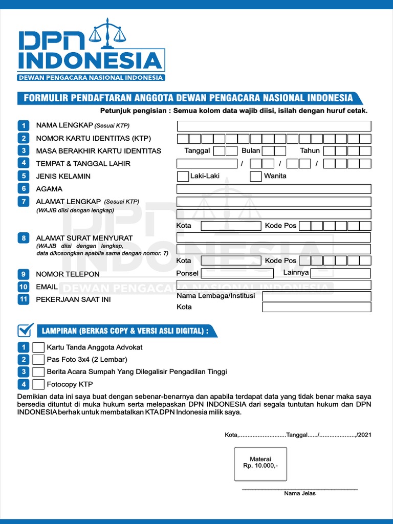 Formulir Pendaftaran Kta DPN Indonesia | PDF