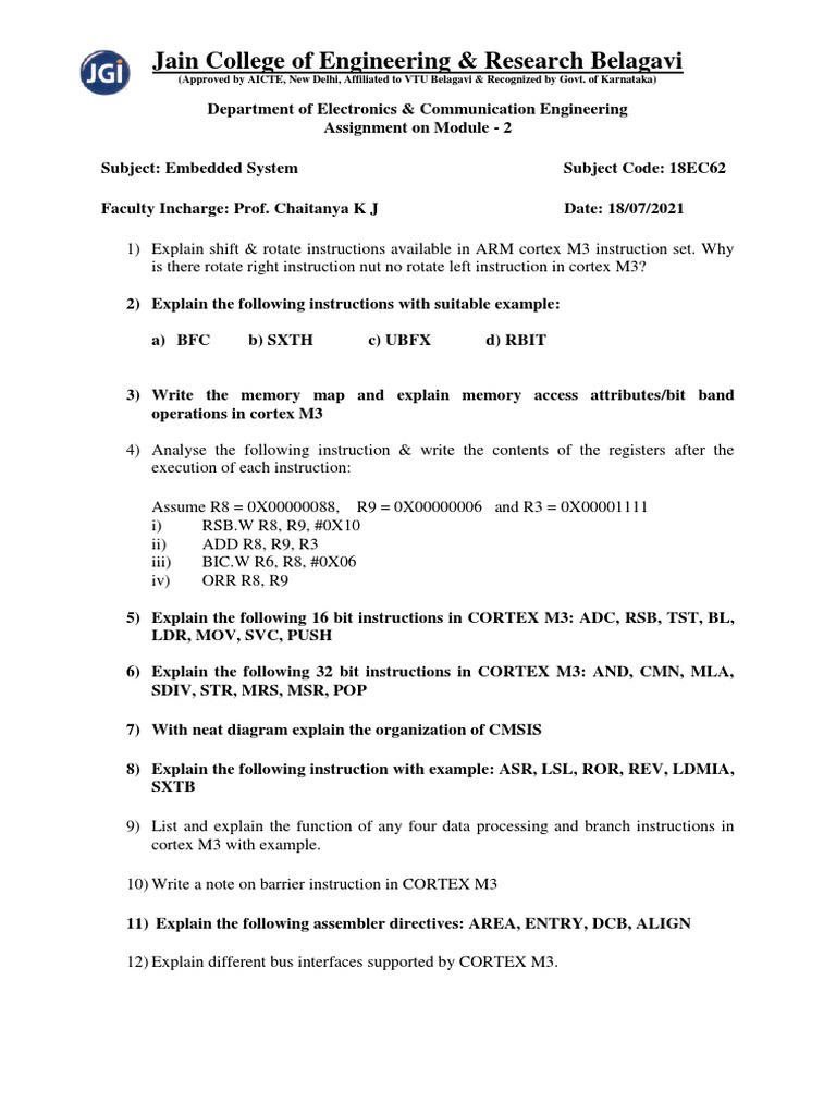 Embedded System Assignment ARM Cortex M3 Instructions | PDF ...
