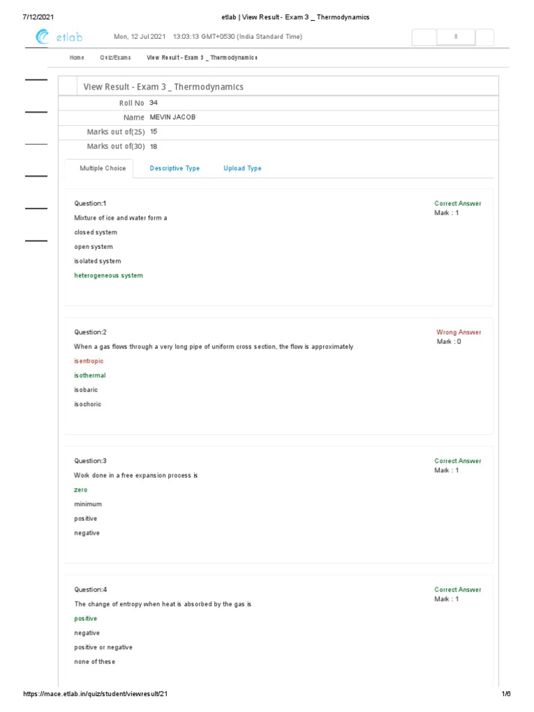 Etlab - View Result - Exam 3 - Thermodynamics | PDF