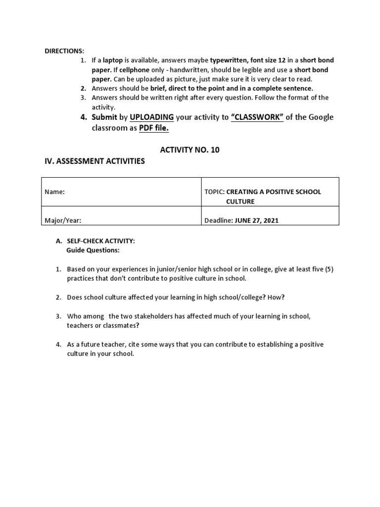 Activity 10 - Creating A Positive School Culture | PDF | Career & Growth