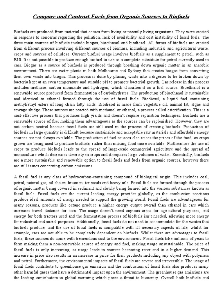 Compare and Contrast Fuels From Organic Sources To Biofuels | PDF ...