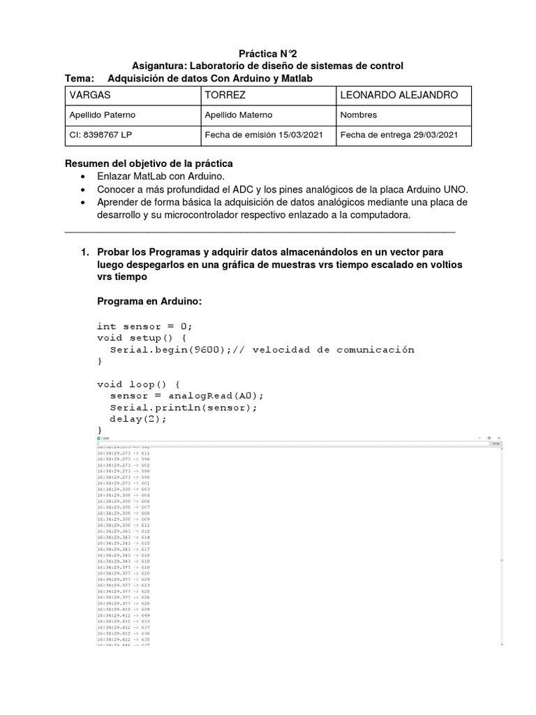 Práctica N°2 Laboratorio de Diseño de Sistemas de Control | PDF | Arduino | Ciencias de la ...