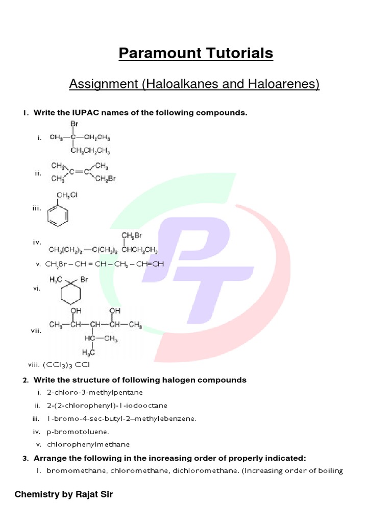 Assignment - Class XII - Haloalkanes and Haloarenes | PDF | Chemical Reactions | Physical Sciences