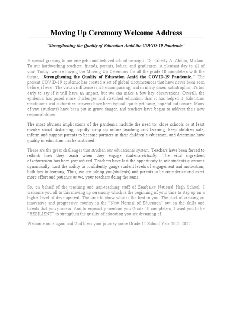 Moving Up Ceremony Welcome Address: Strengthening The Quality of ...