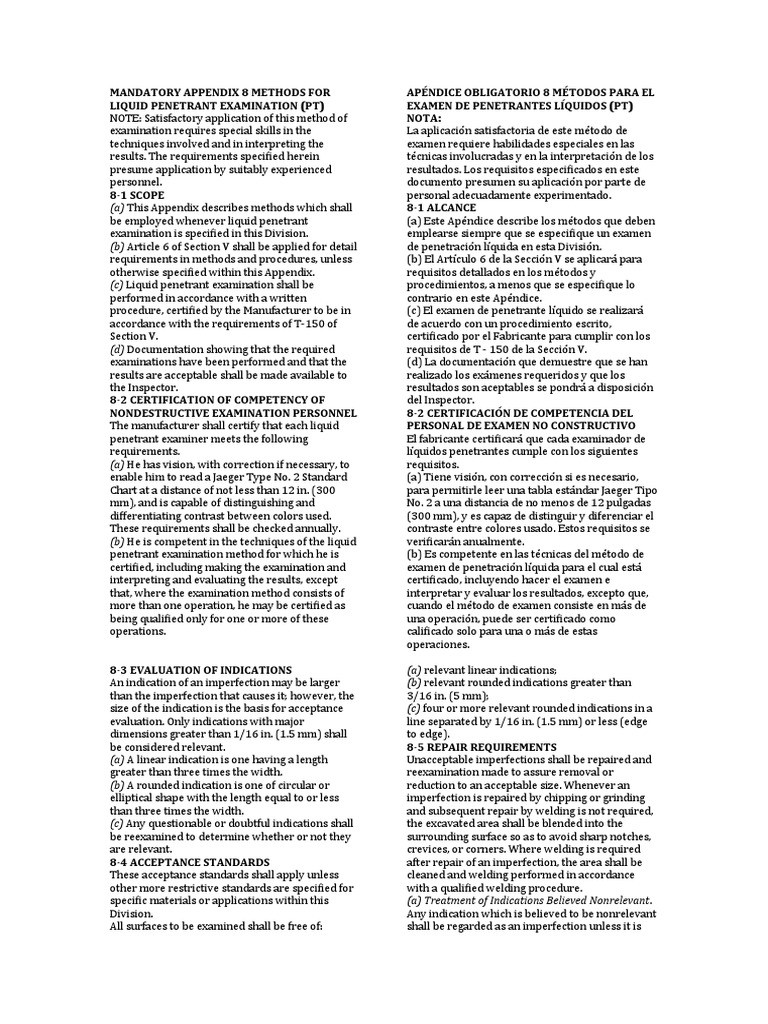 Appendix 8 Methods For Liquid Penetrant Examination | PDF | Naturaleza