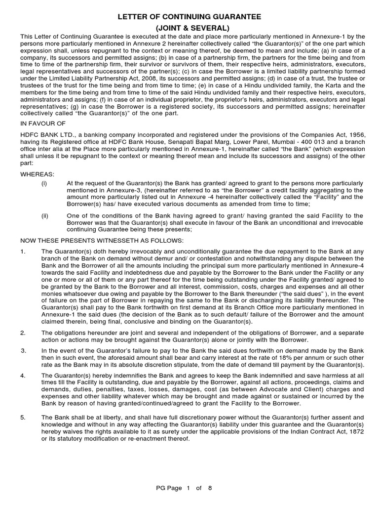 Letter of Continuing Guarantee (Joint & Several) | PDF | Guarantee | Surety