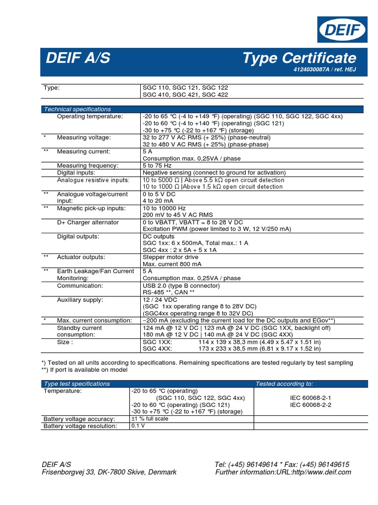 Deif A/S Type Certificate: Technical Specifications | PDF | Alternating ...
