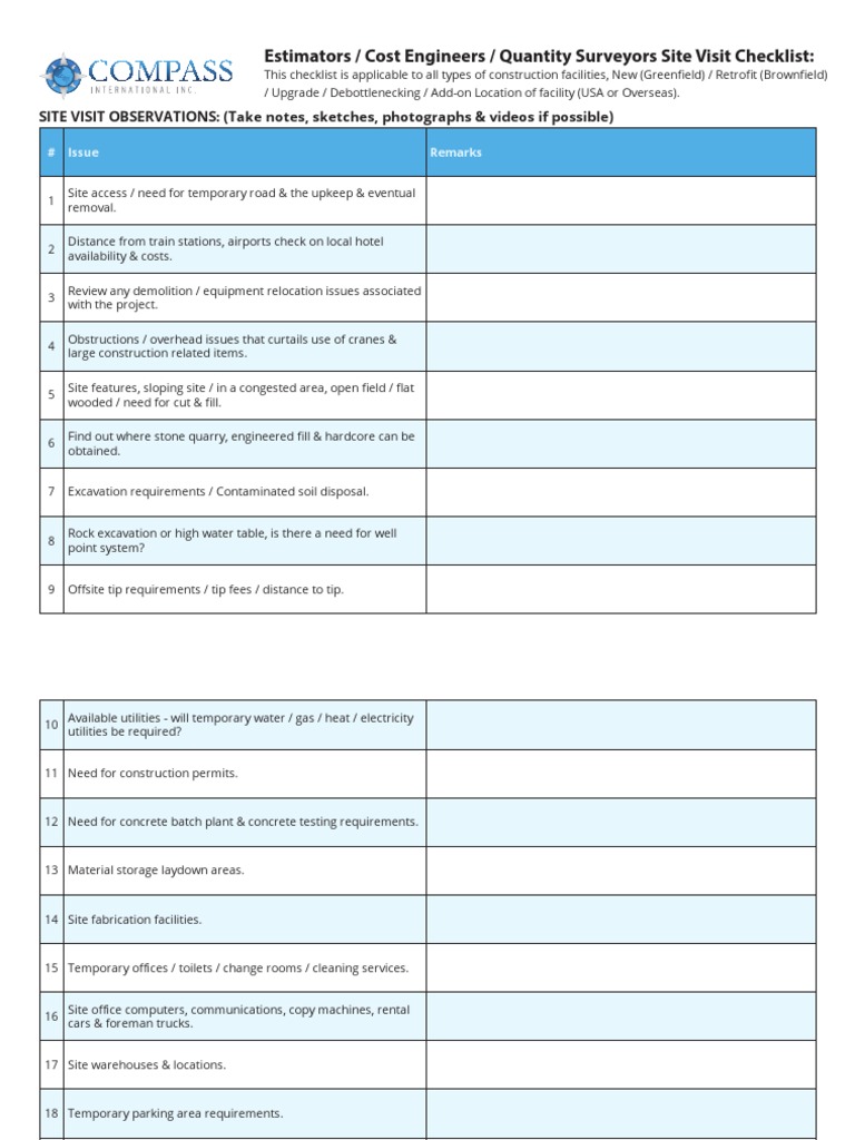 Estimators / Cost Engineers / Quantity Surveyors Site Visit Checklist ...