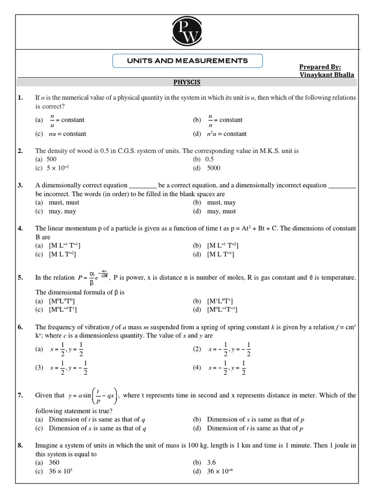 Introduction of Physical Units and Dimensions - Assignment 01 Solution ...