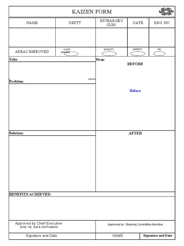 Kaizen Form: Name Deptt. Date Reg. No Incharge'S Sign | PDF