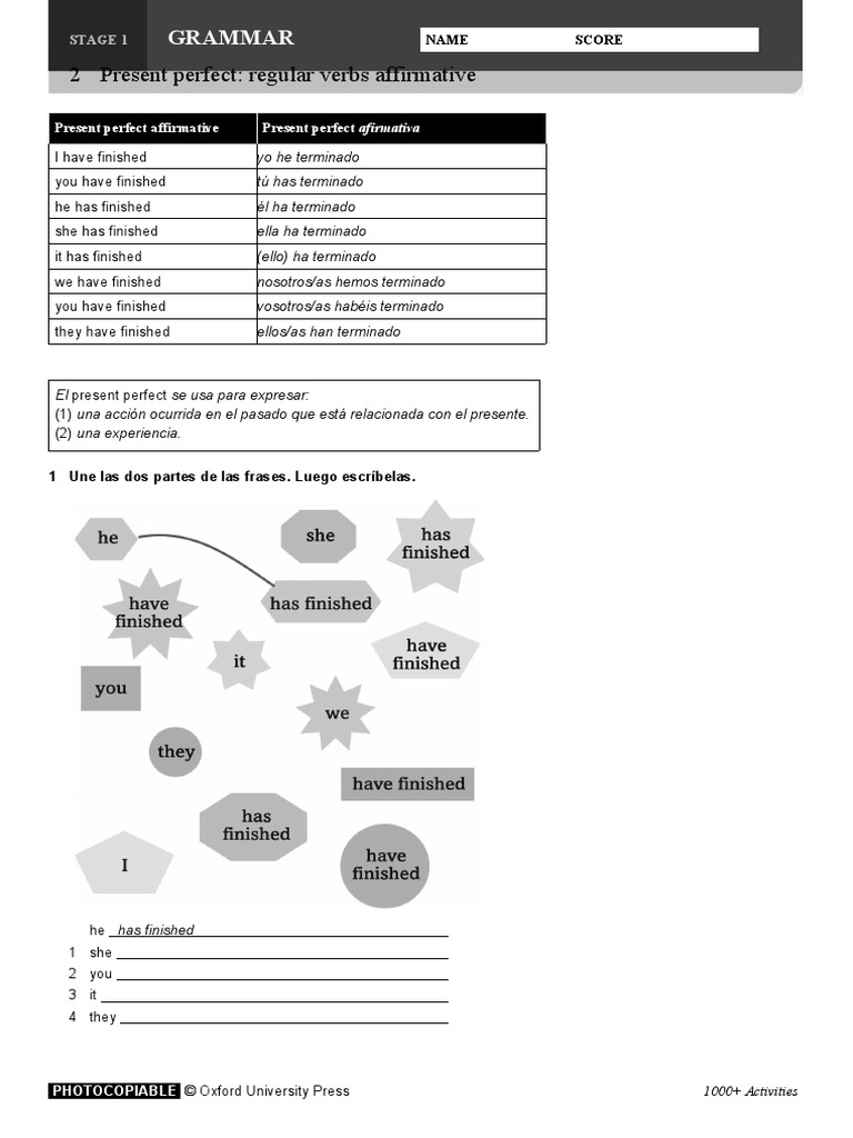 Stage 1 2 Present Perfect Regular Verbs Affirmative | PDF