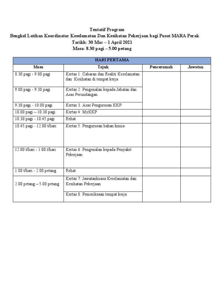 Tentatif Program OSH Coordinator | PDF