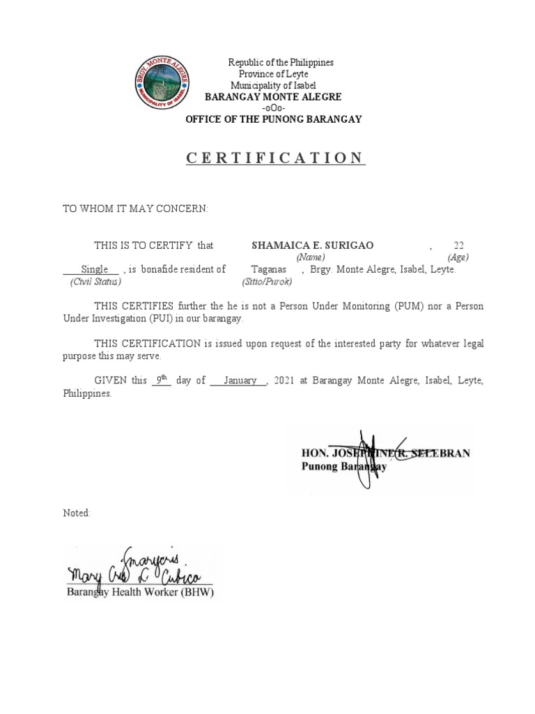 Brgy. Certification | PDF