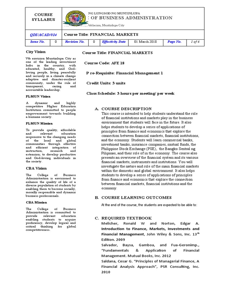 Financial Markets Course Syllabus | PDF | Valuation (Finance ...