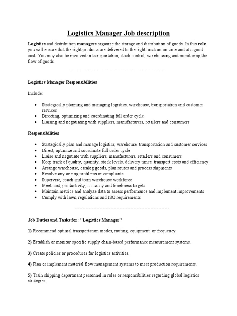Logistics Manager Job Description | Download Free PDF | Logistics ...